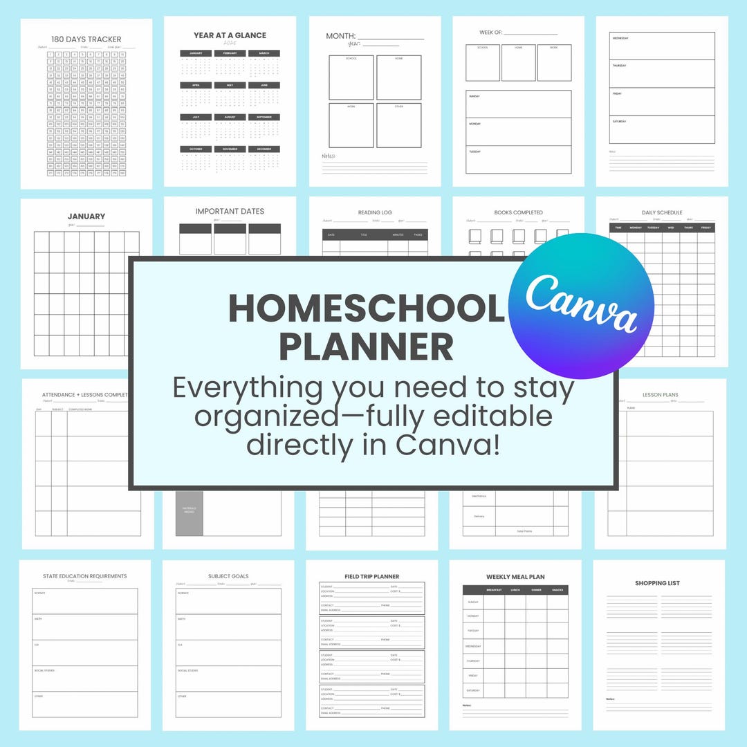 Homeschool Planner | Lesson Planner | 180-day Tracker | Weekly Meal ...