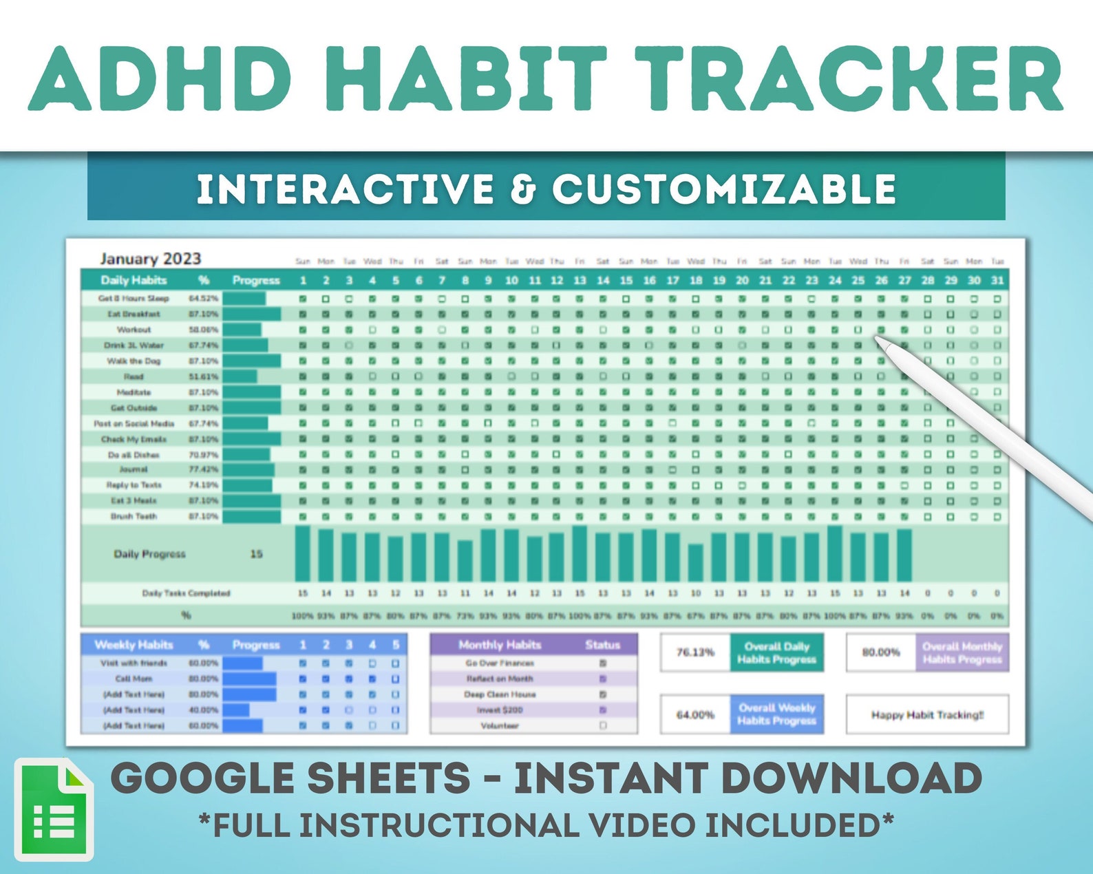 ADHD Daily Habit Tracker Google Sheets Template Task and Productivity ...