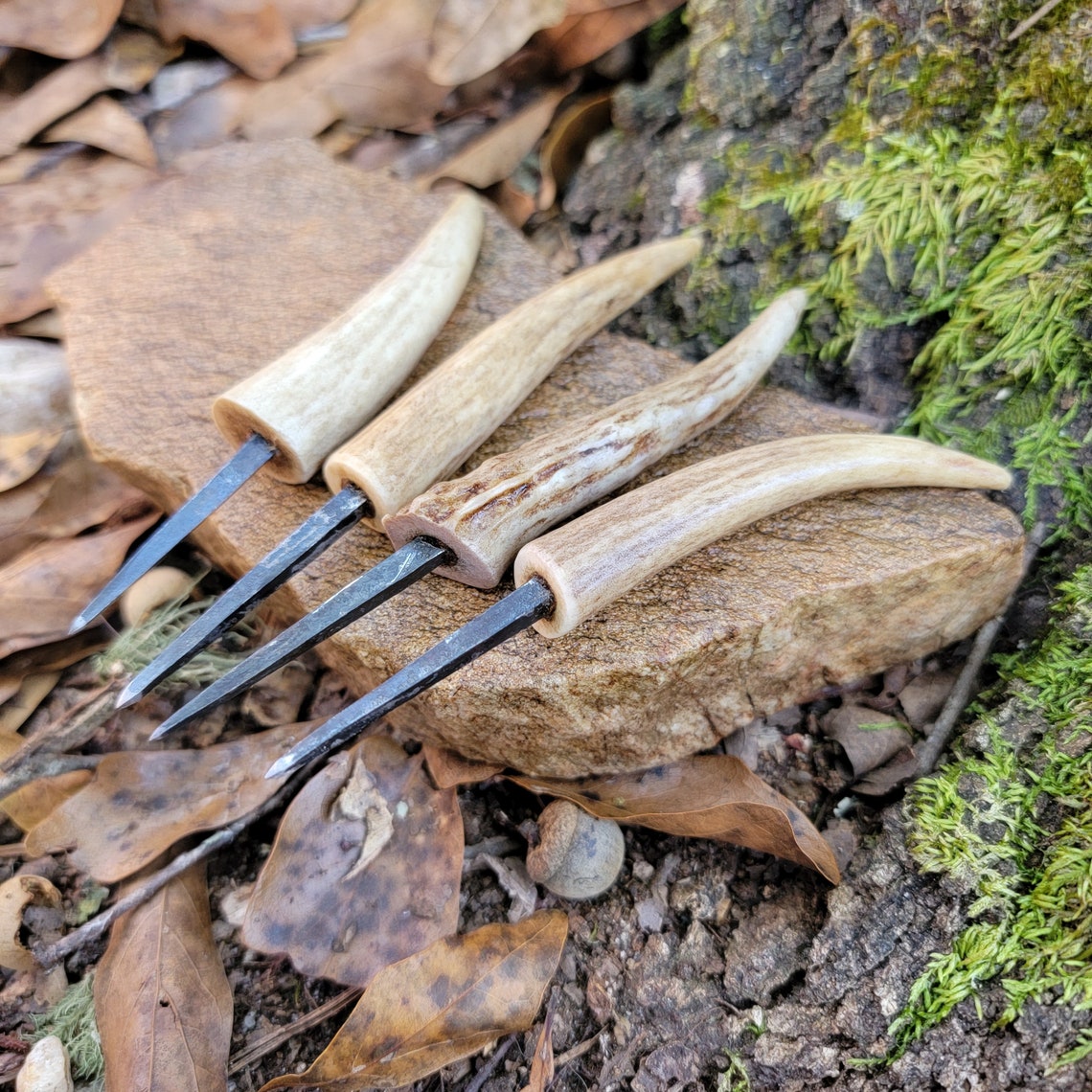 Small Hand Forged | Iron Push Awl | Antler Handle | Reenactment Leather ...