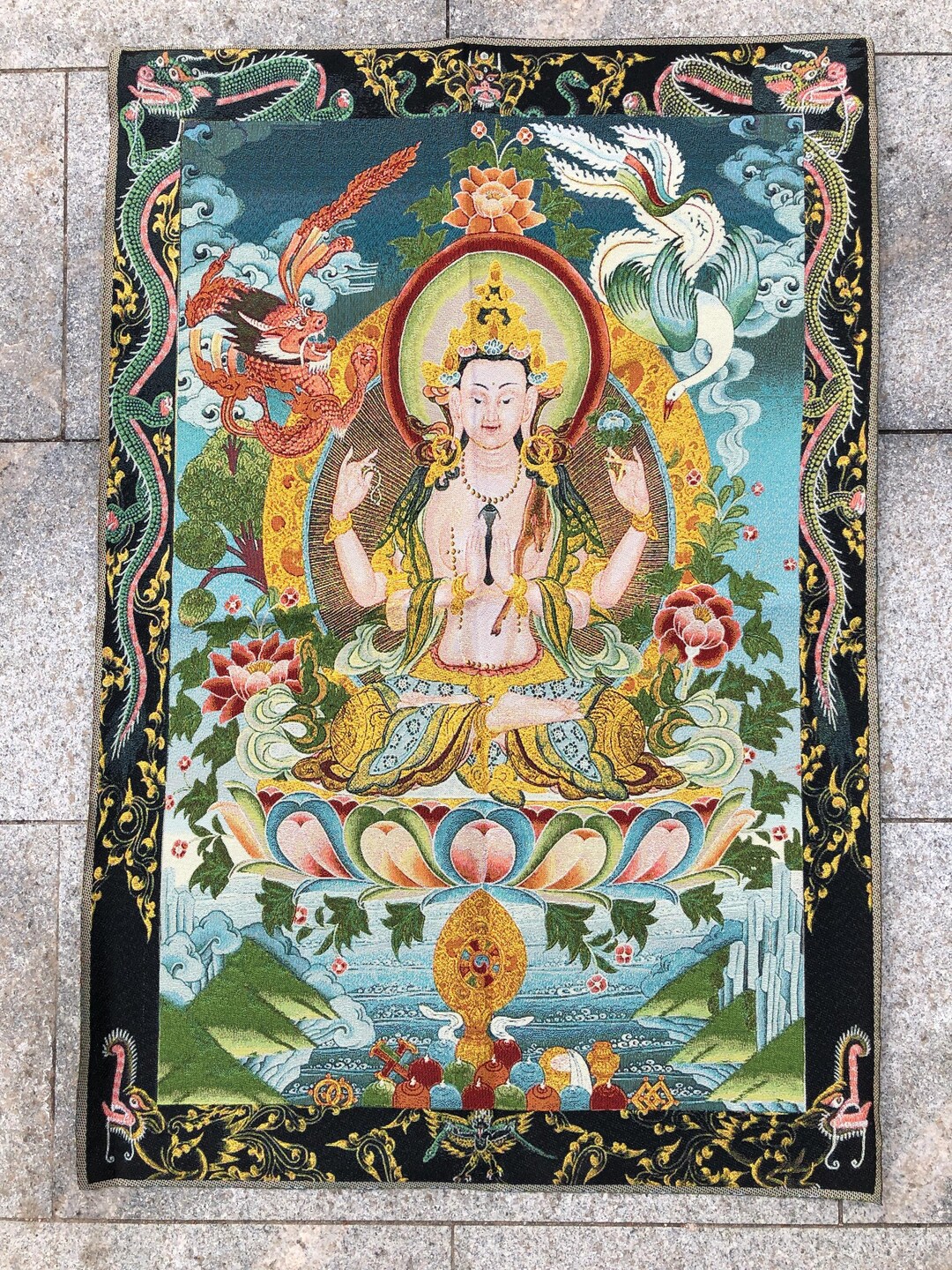 Tibetan Thangka Painting,silk Braid Painting Four Arms Bodhisattva Guan ...