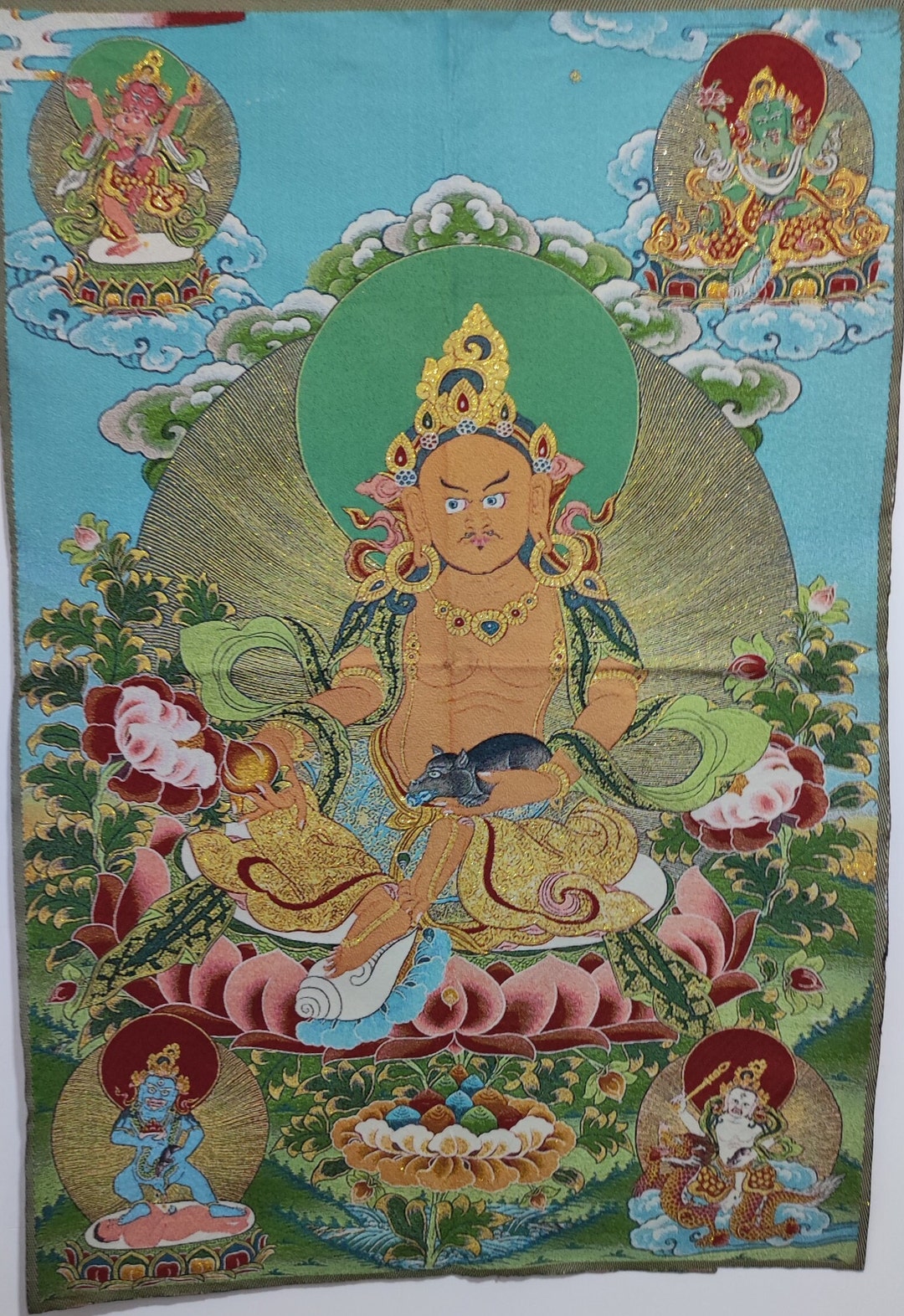 Tibetan Nepal Temple Brocade Embroidery Yellow Jambhala Figurine God of ...