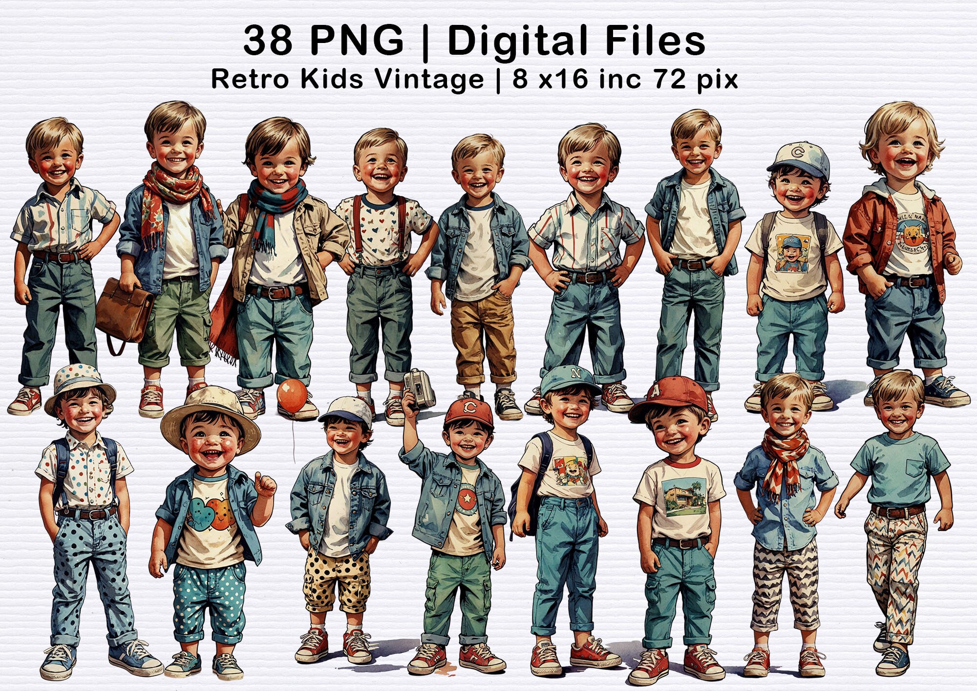 Retro Vintage Kids Watercolor PNG Digital Files Nostalgic Children ...