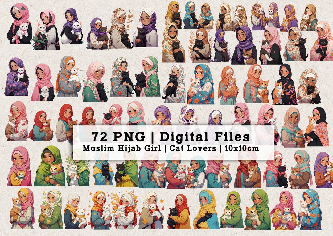 Muslim Girl | Cat Lovers | Digital Files PNG | Cute Hijab Islamic Girl ...