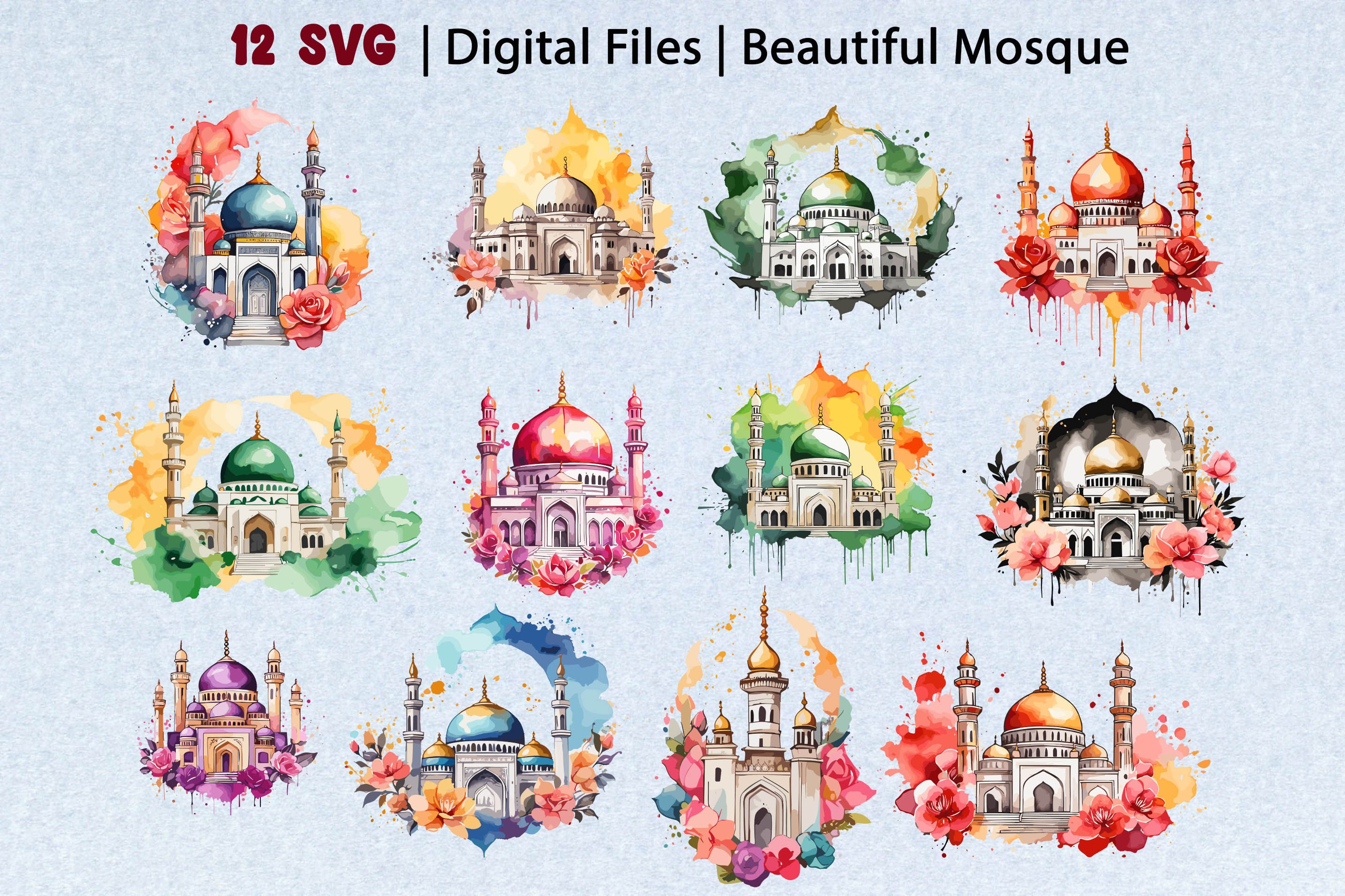 Watercolor Mosque | SVG Digital | Masjid Illustrations | Beautiful ...