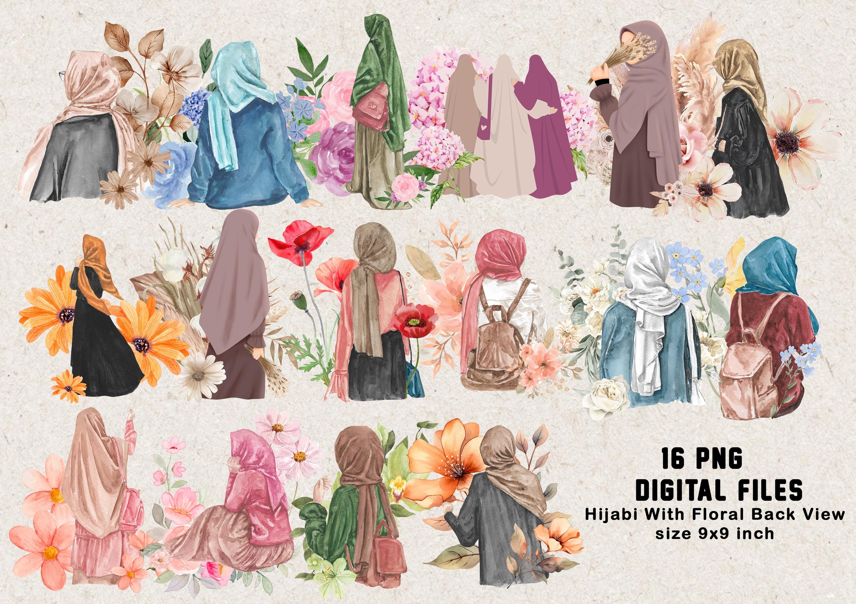 Hijab Back View Digital Stickers PNG Muslimah Girl Islamic Girl Floral ...