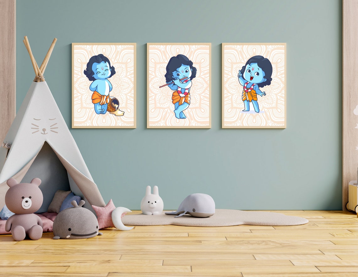 Baby Lord Krishna Wall Decor Nursery Wall Prints South Asian Art Desi ...