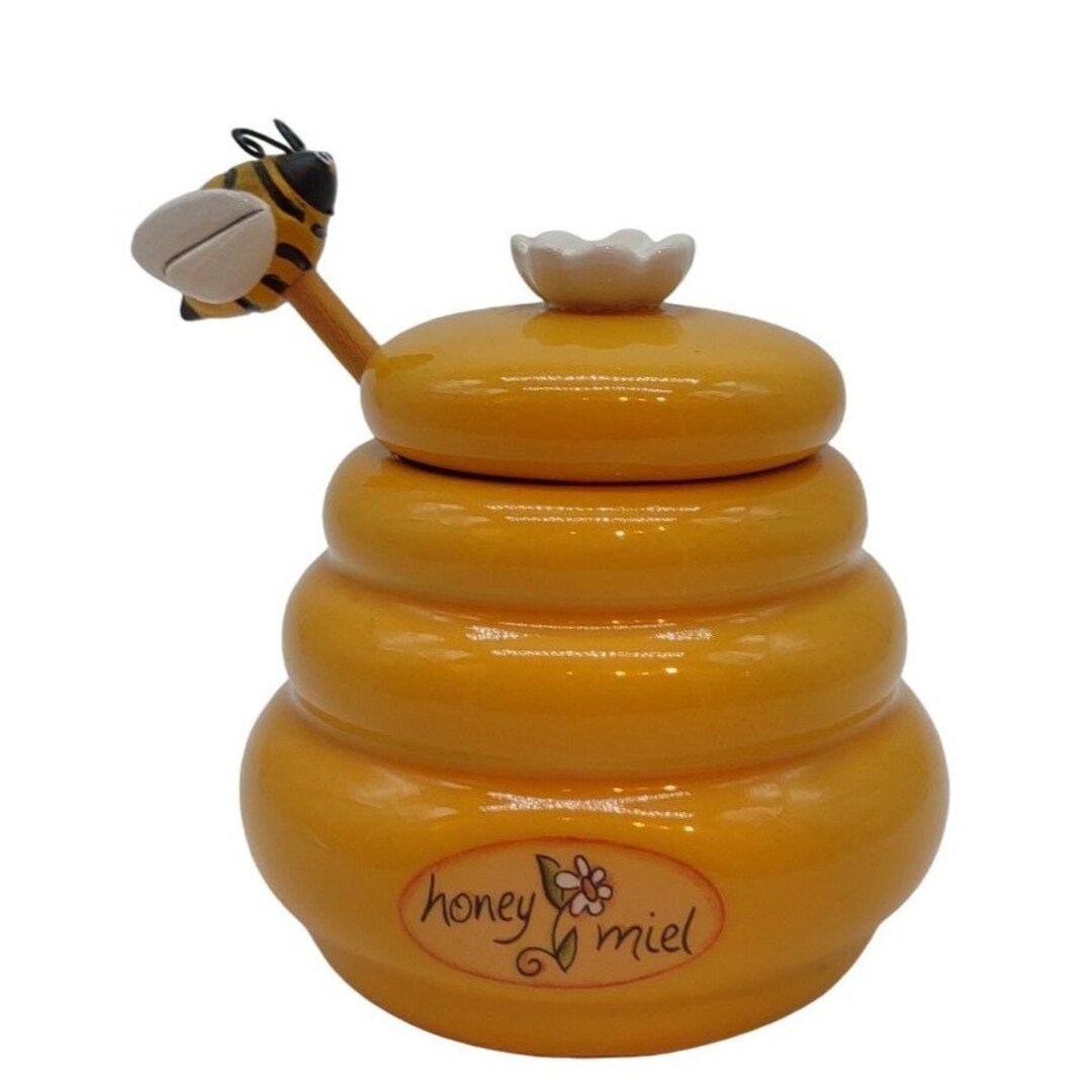 Bee Hive Honey Jar Joie With Dipper Yellow Bee 3.5 Inches Tall - Etsy