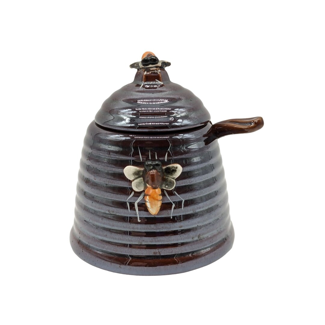 Bee Hive Honey Pot Vintage Dark Brown Glaze and Ceramic Bees Vintage - Etsy