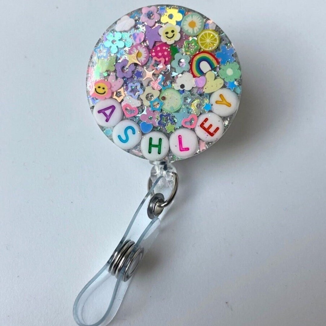 Personalized Resin Badge Reel- Sparkle Badge Reel: Personalized Rainbow ...