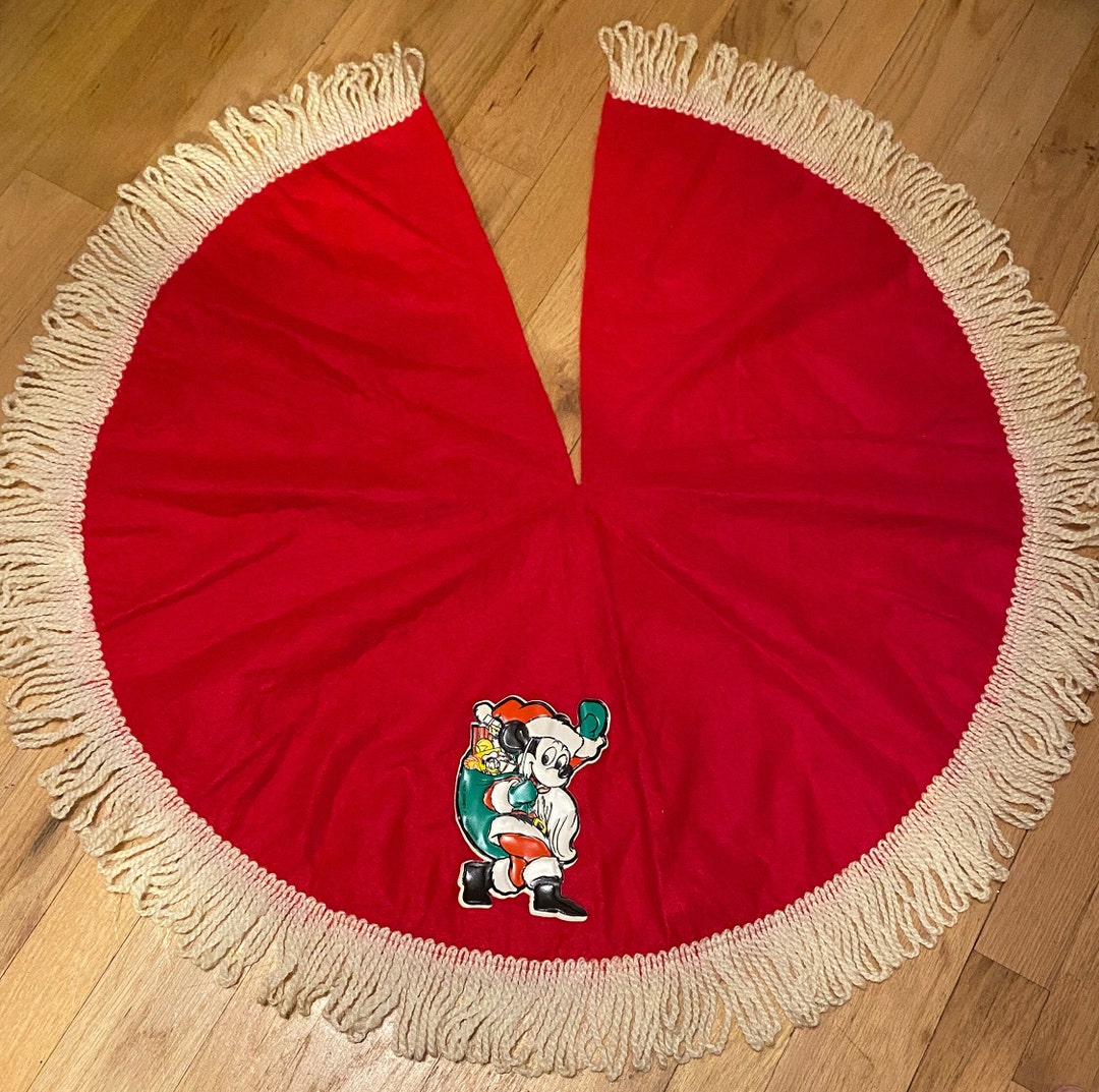 Vintage Mickey Mouse Christmas Tree Skirt, Red Felt, White Yarn Fringe ...