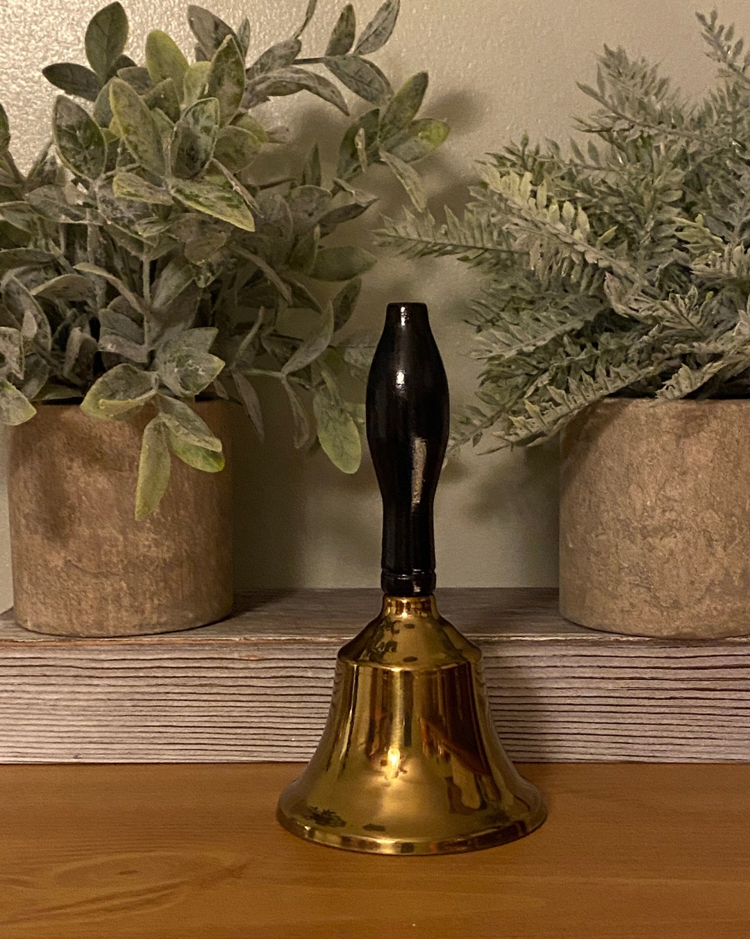Vintage Bevin Bros Brass Hand Bell, Polished Gold Tone, Black Wooden ...