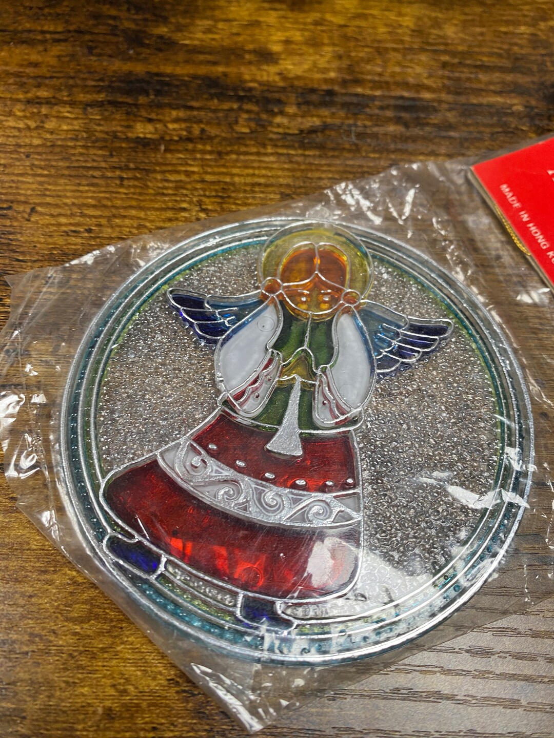 Vintage Stained Glass Look Plastic Christmas Angel Ornament Sun Catcher ...