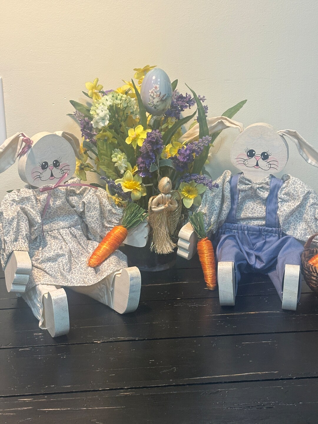 Vintage Handmade Painted Wood Rabbits, Set of 2, Hand Sewn Clothes ...