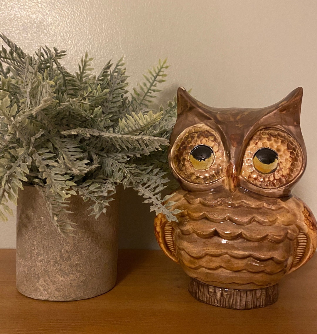 Vintage Hand Painted Ceramic Owl Bank, Removable Base, Brown & Tan ...