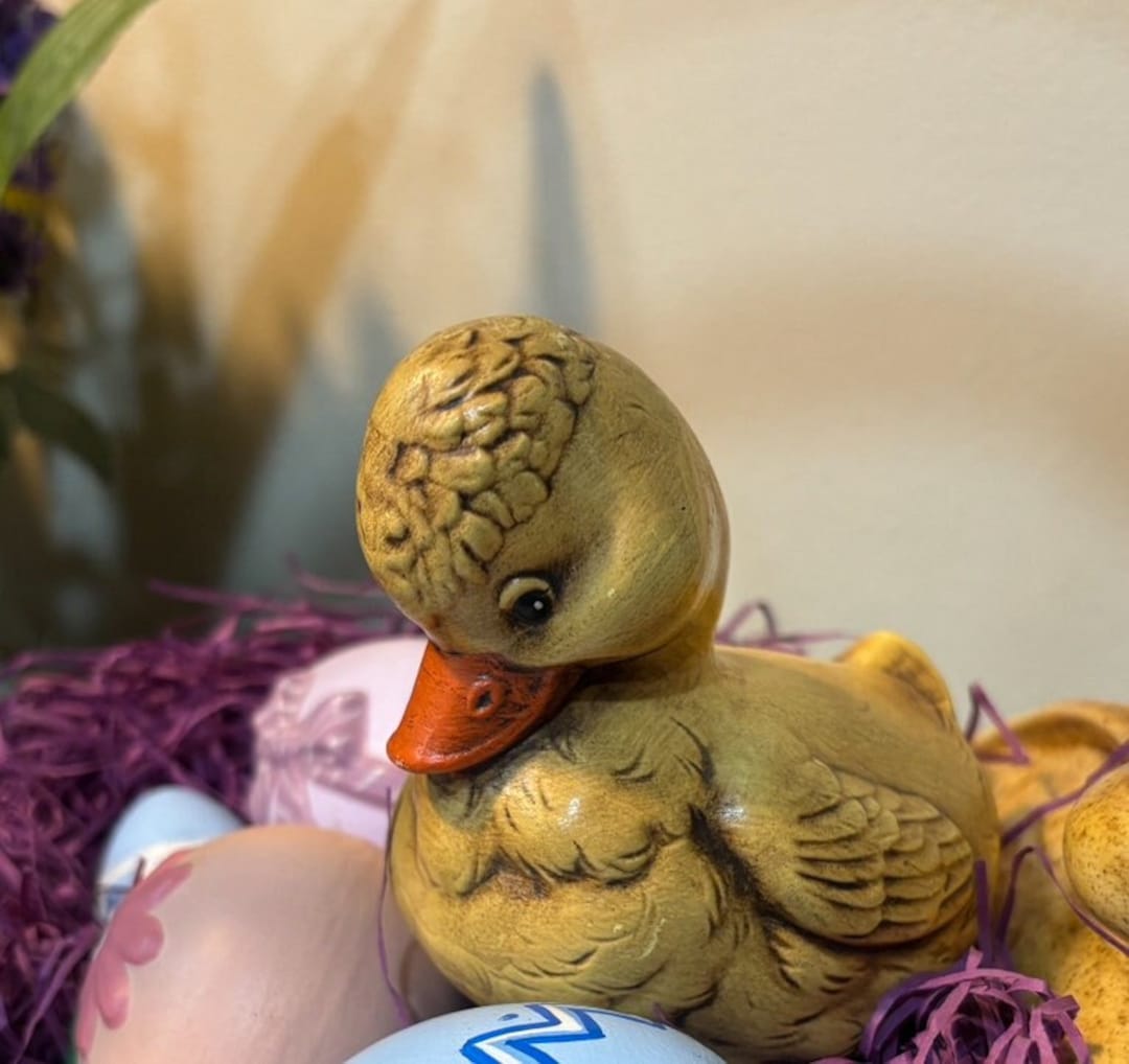 Vintage Molded Ceramic Hand Painted Yellow Duckling, Feather Details ...