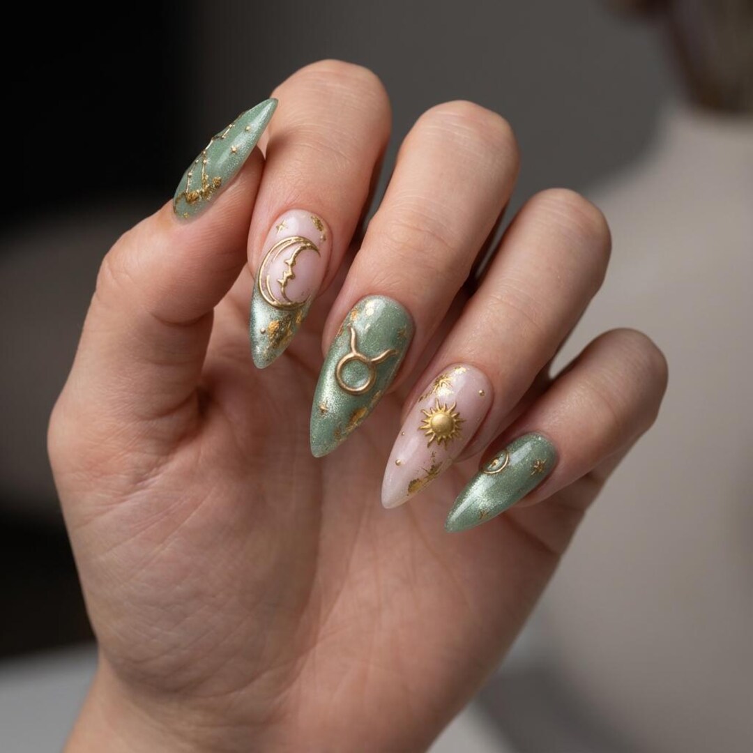 Taurus Zodiac Press on Nails, Sage Green and Nude Cat Eye Nails ...