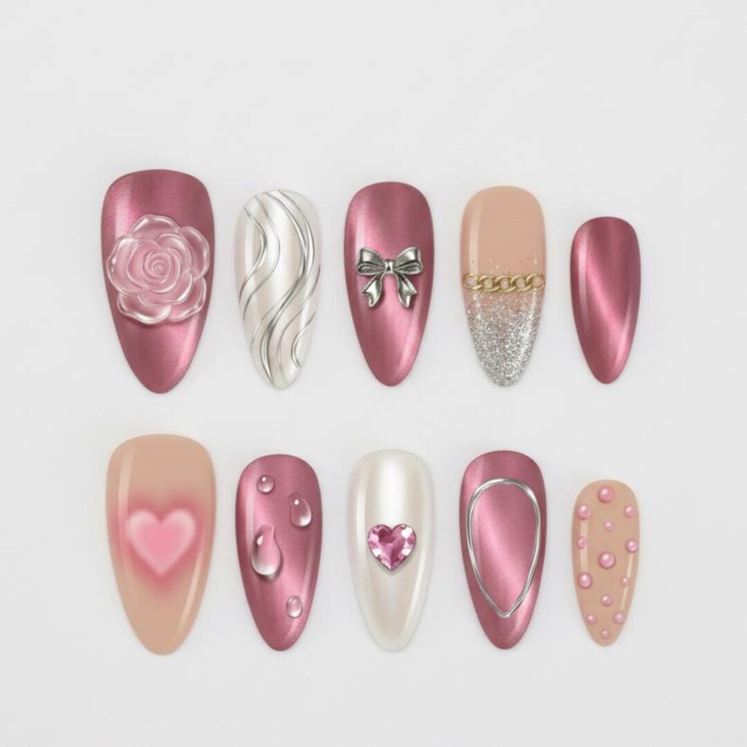 Valentine Press on Nails, Rose Pink Metallic Set With 3D Flower Bow ...