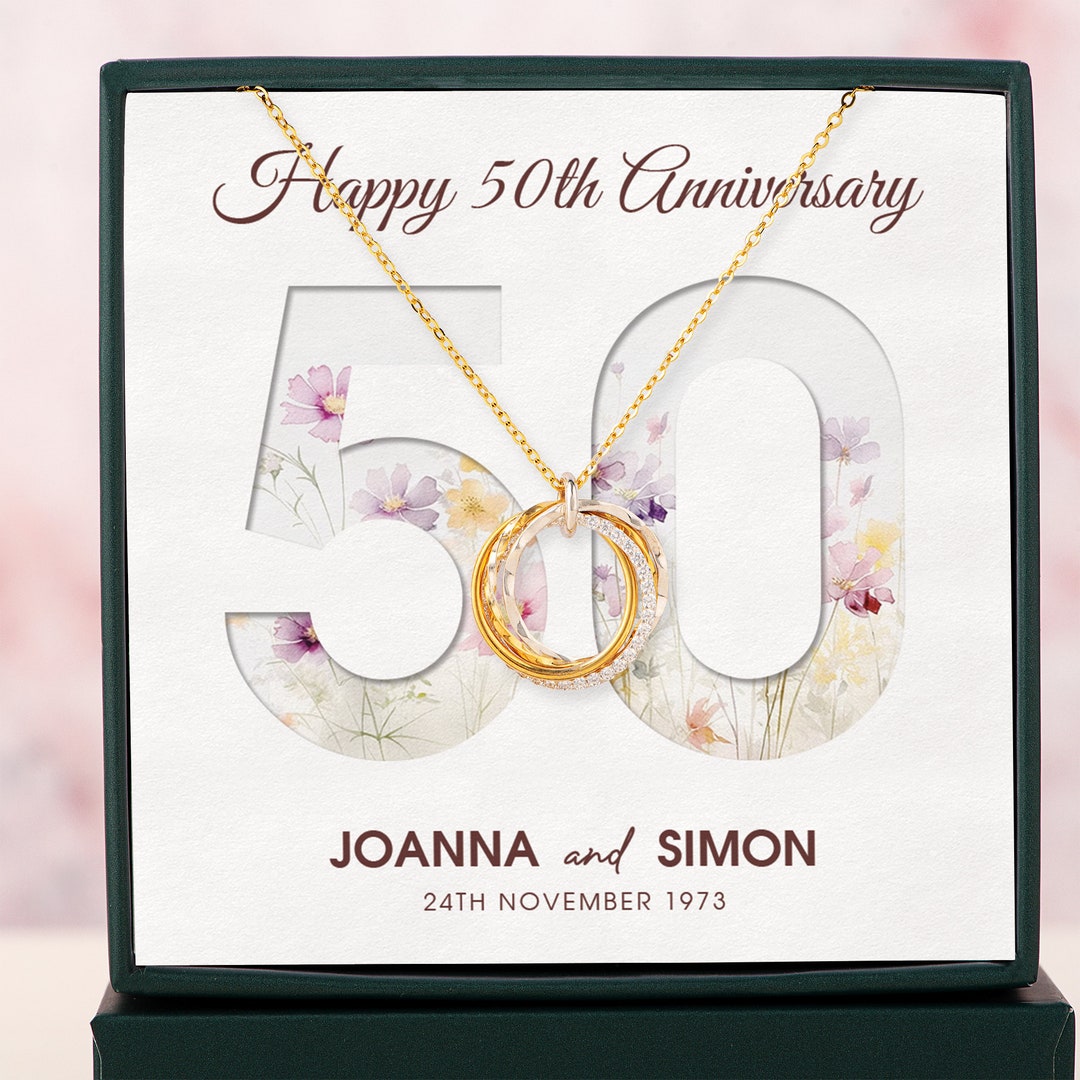 Personalized 50th Anniversary Silver Necklace - 5 Rings for 5 Decades ...