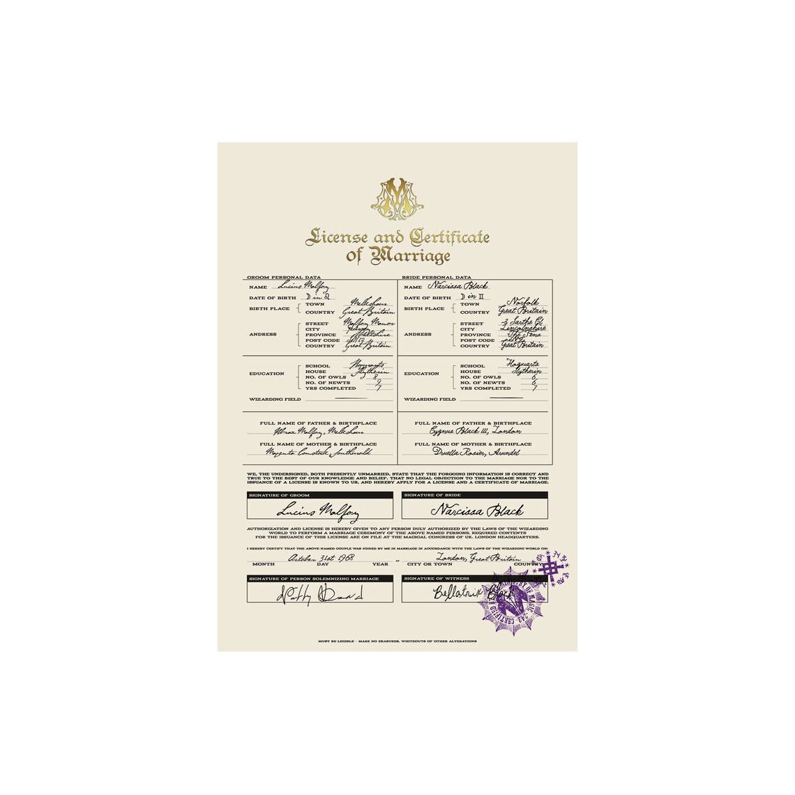 Ministry of Magic Marriage Certificate potter Weasley - Etsy