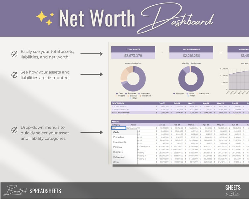 Net Worth Tracker Spreadsheet Dashboard for Google Sheets, Wealth ...