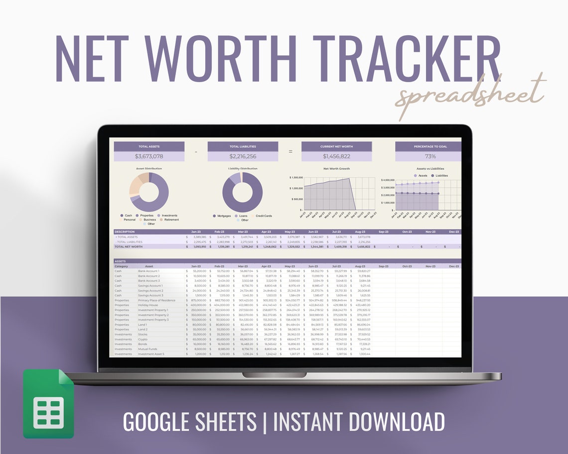 Net Worth Tracker Spreadsheet Dashboard for Google Sheets, Wealth ...