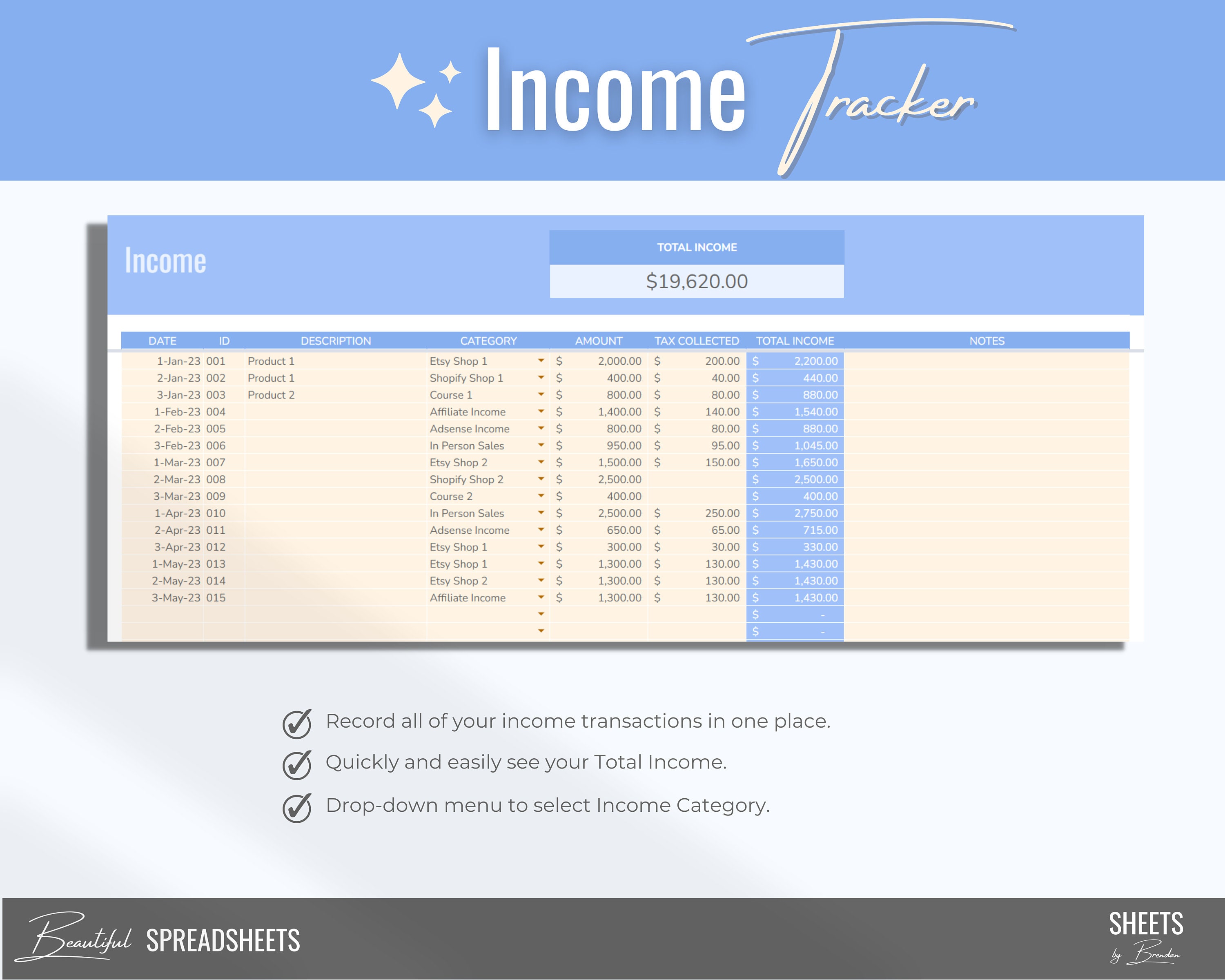 Simple Bookkeeping Spreadsheet for Google Sheets, Small Business ...