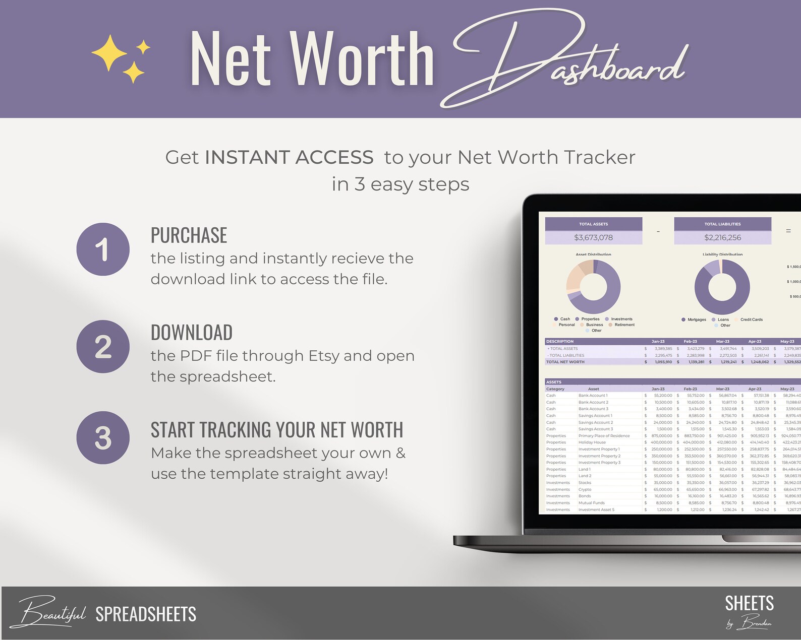 Net Worth Tracker Spreadsheet Dashboard for Google Sheets, Wealth ...