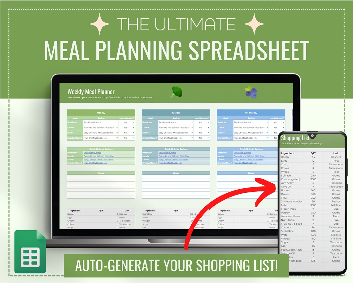 Weekly Meal Planner Spreadsheet Template for Google Sheets - Etsy