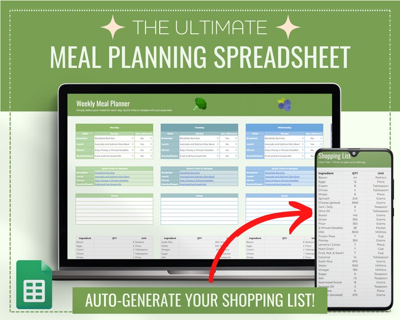 Weekly Meal Planner Spreadsheet Template for Google Sheets, Meal ...