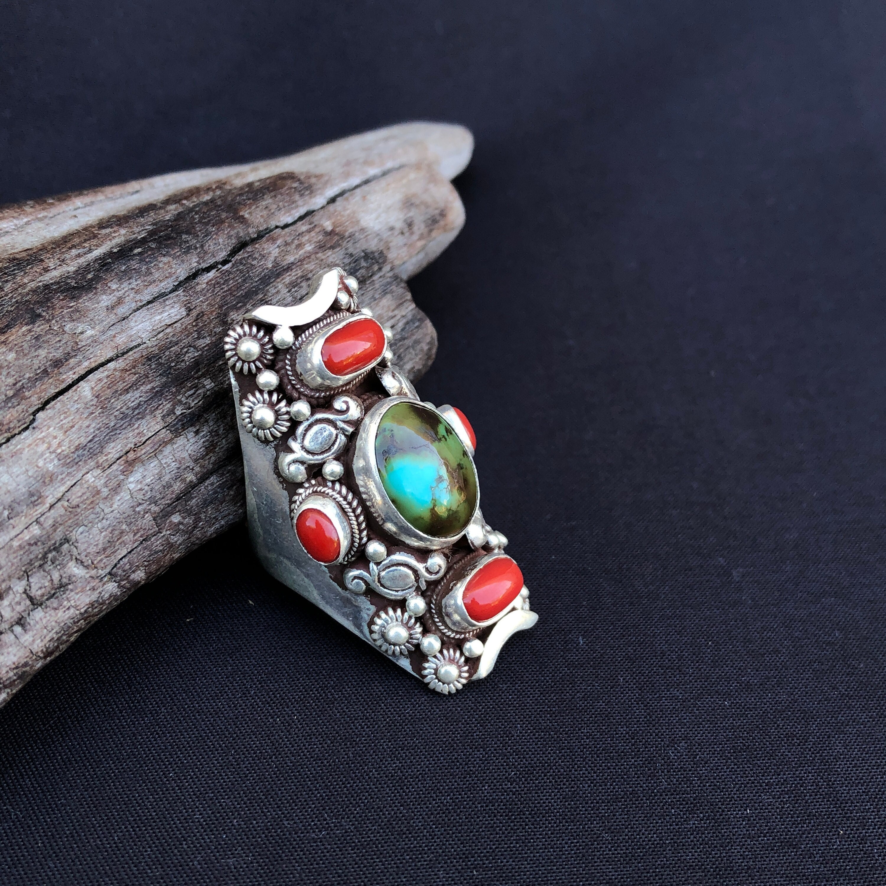 Red Coral and Turquoise Silver Saddle Ring - Etsy