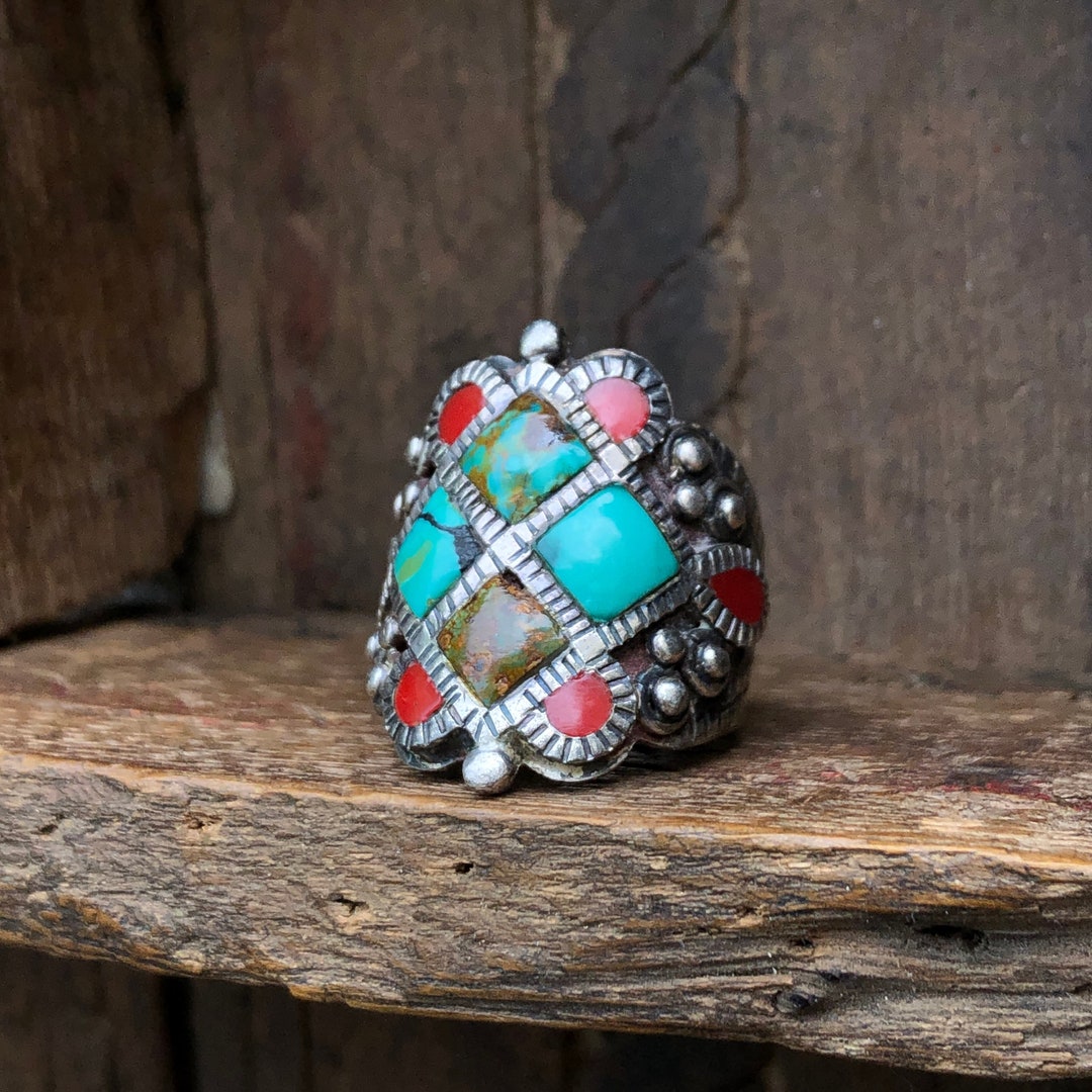 Vintage Turquoise Inlay Ring Sterling Silver Jewelry - Etsy