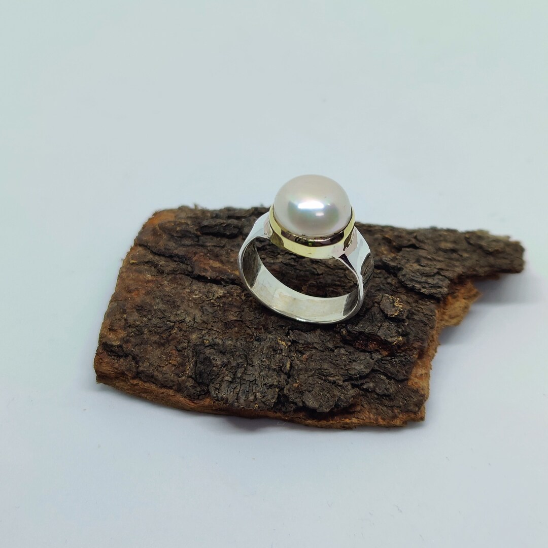 Freshwater Pearl Ring: Sterling Silver & Copper Two-tone Band - Etsy