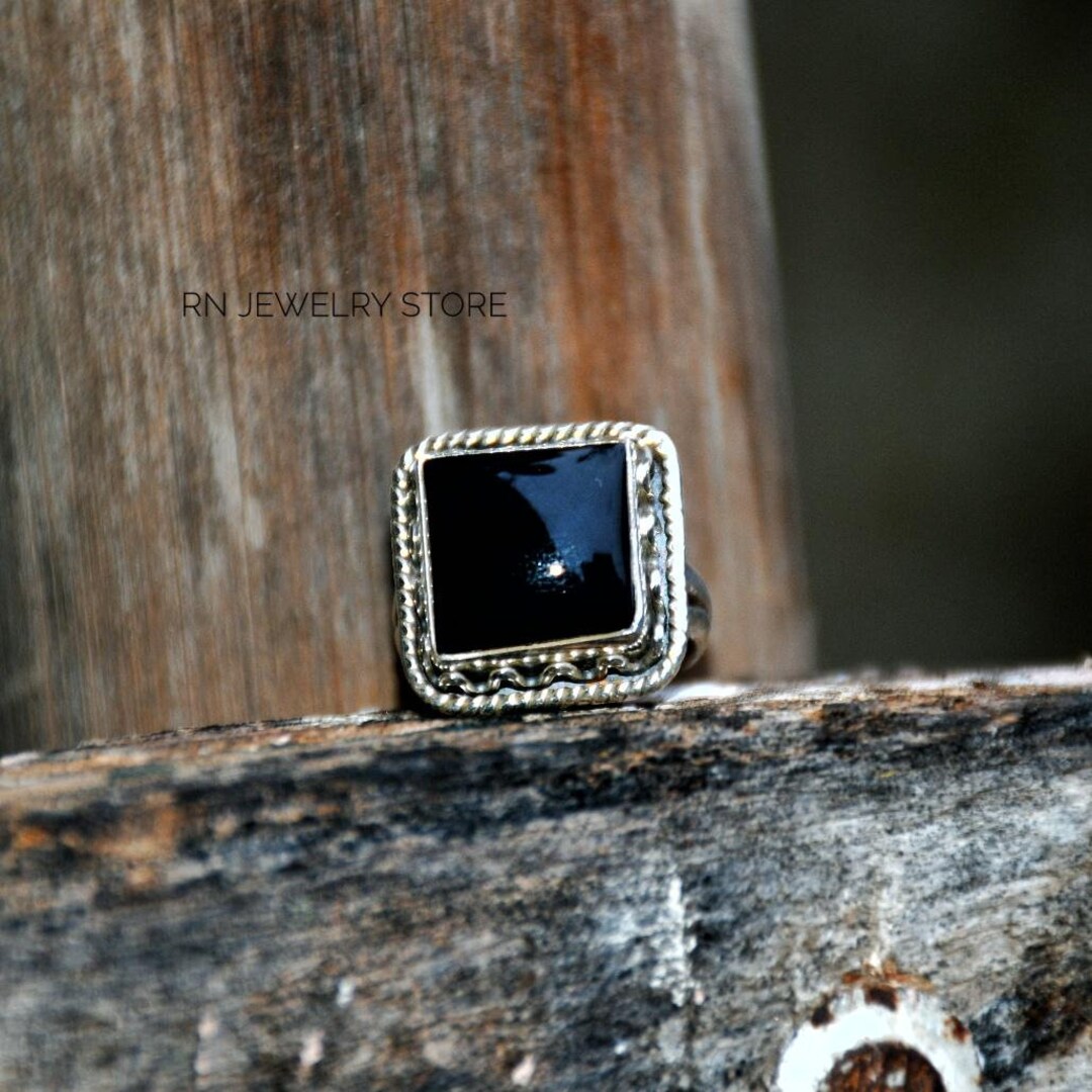Square Black Onyx Ring: Boho 925 Sterling Silver Statement Ring - Etsy