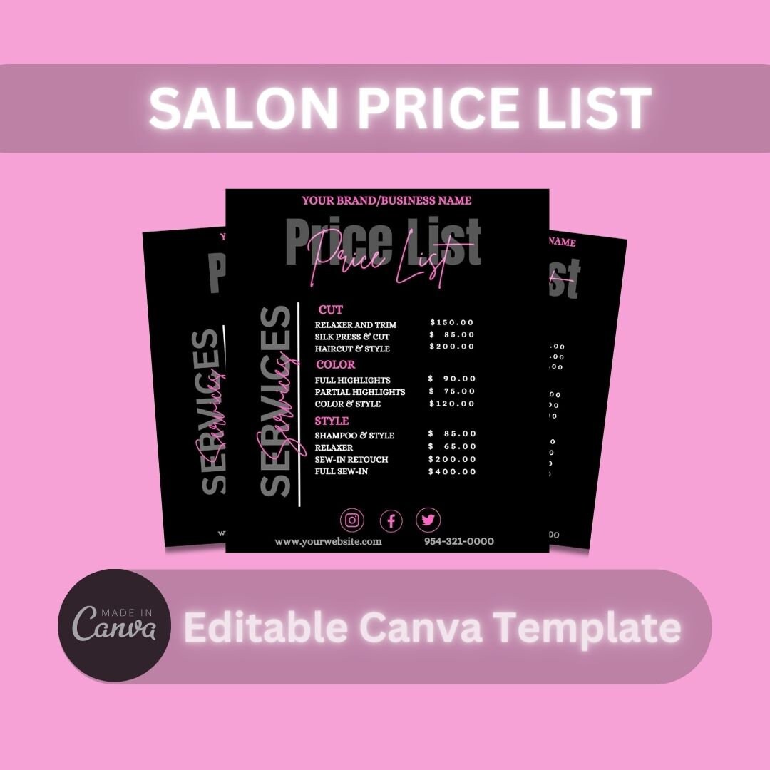 Price List Template | Editable Price List, Salon Service List, Beauty ...