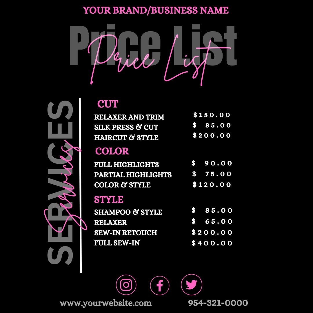 Price List Template | Editable Price List, Salon Service List, Beauty ...
