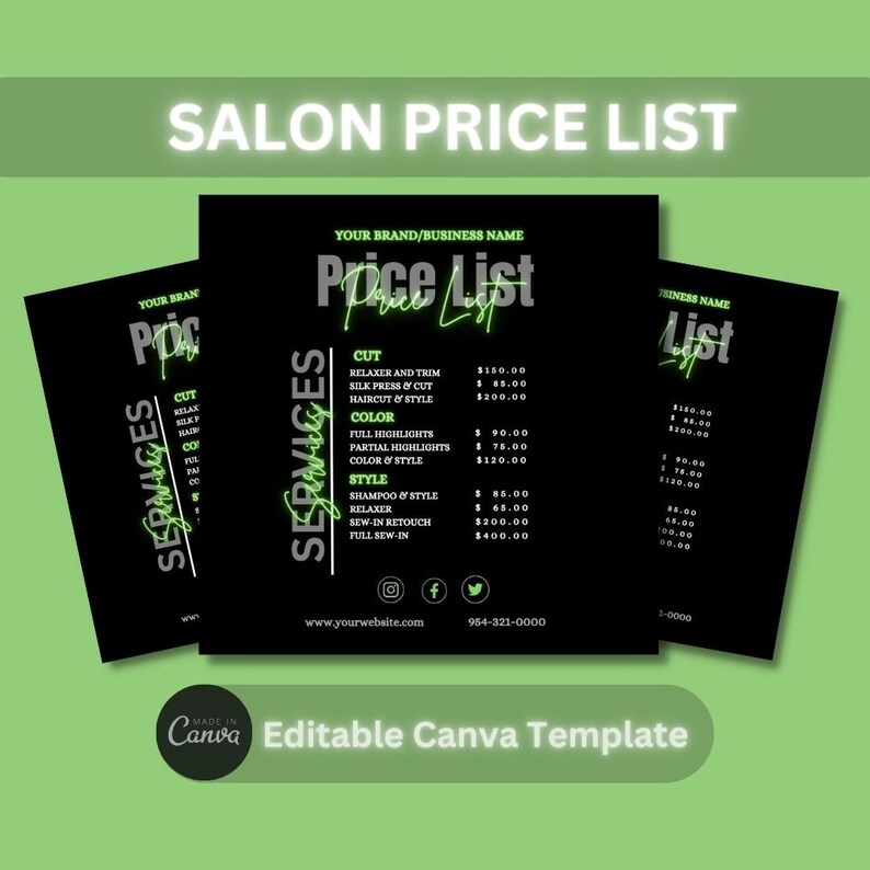 Price List Template, Editable Price List, Salon Service List, Beauty ...