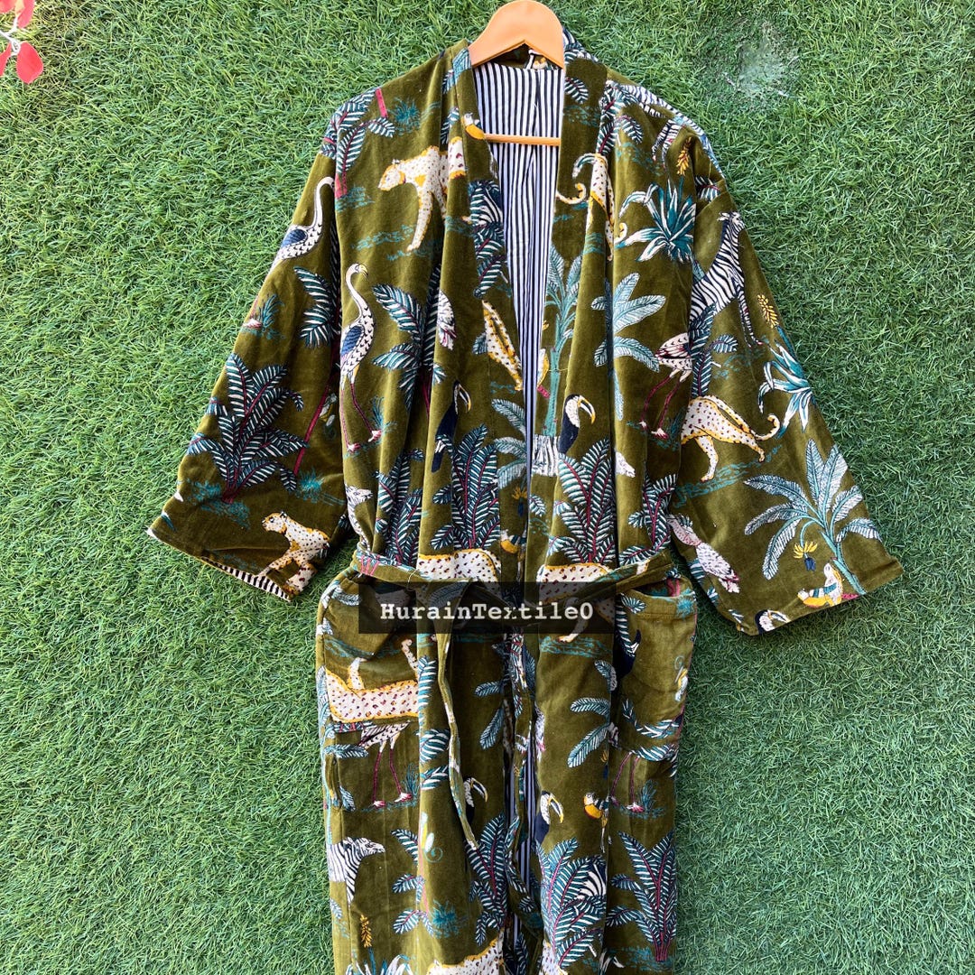 Luxury Green Velvet House Robe Jungle Print Unisex Kimono Boho Jacket ...