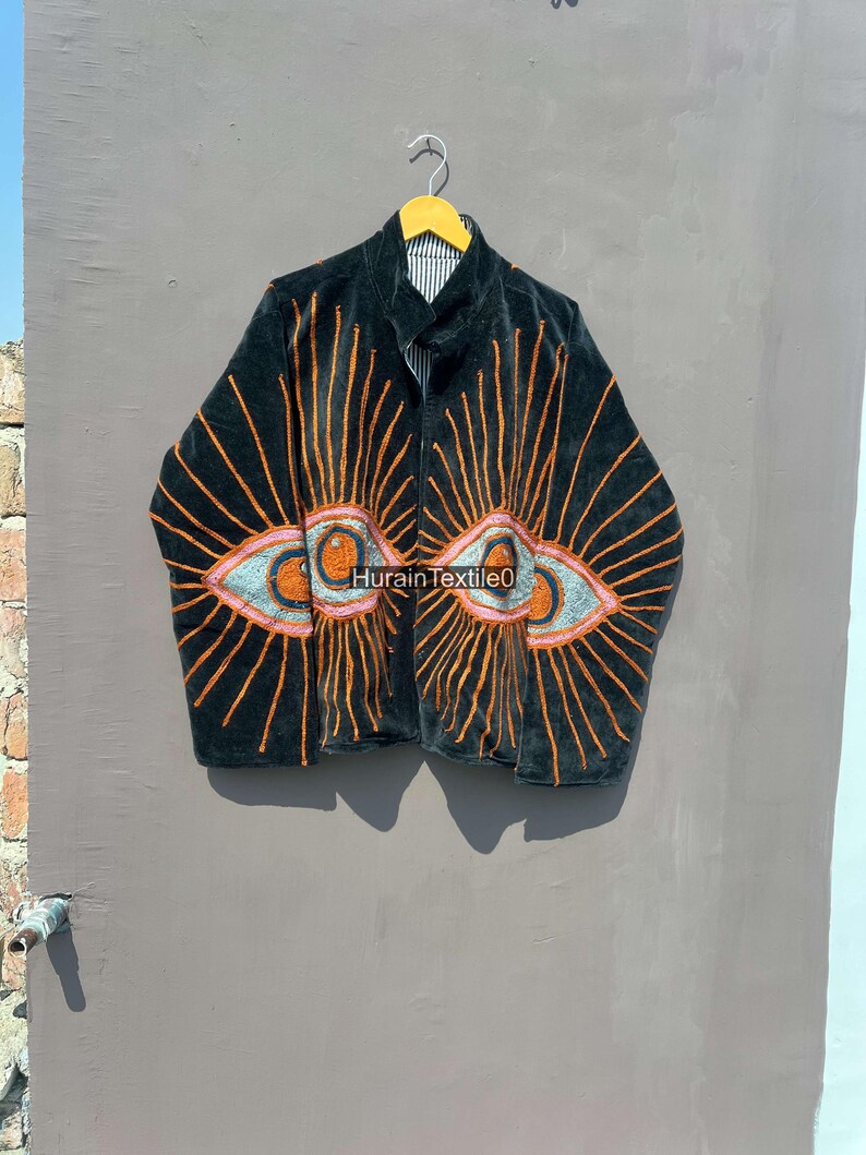 Hand Embroidered Cotton Velvet Kimono Jacket: Boho Sun Eye Coat - Etsy