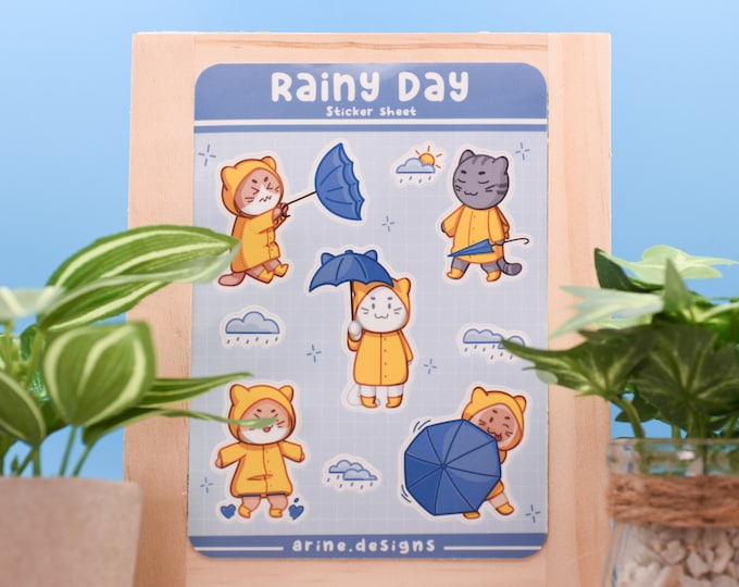 Rainy Day Sticker Sheet Glossy Laminated Cat Stickers Rainy Day Cat ...