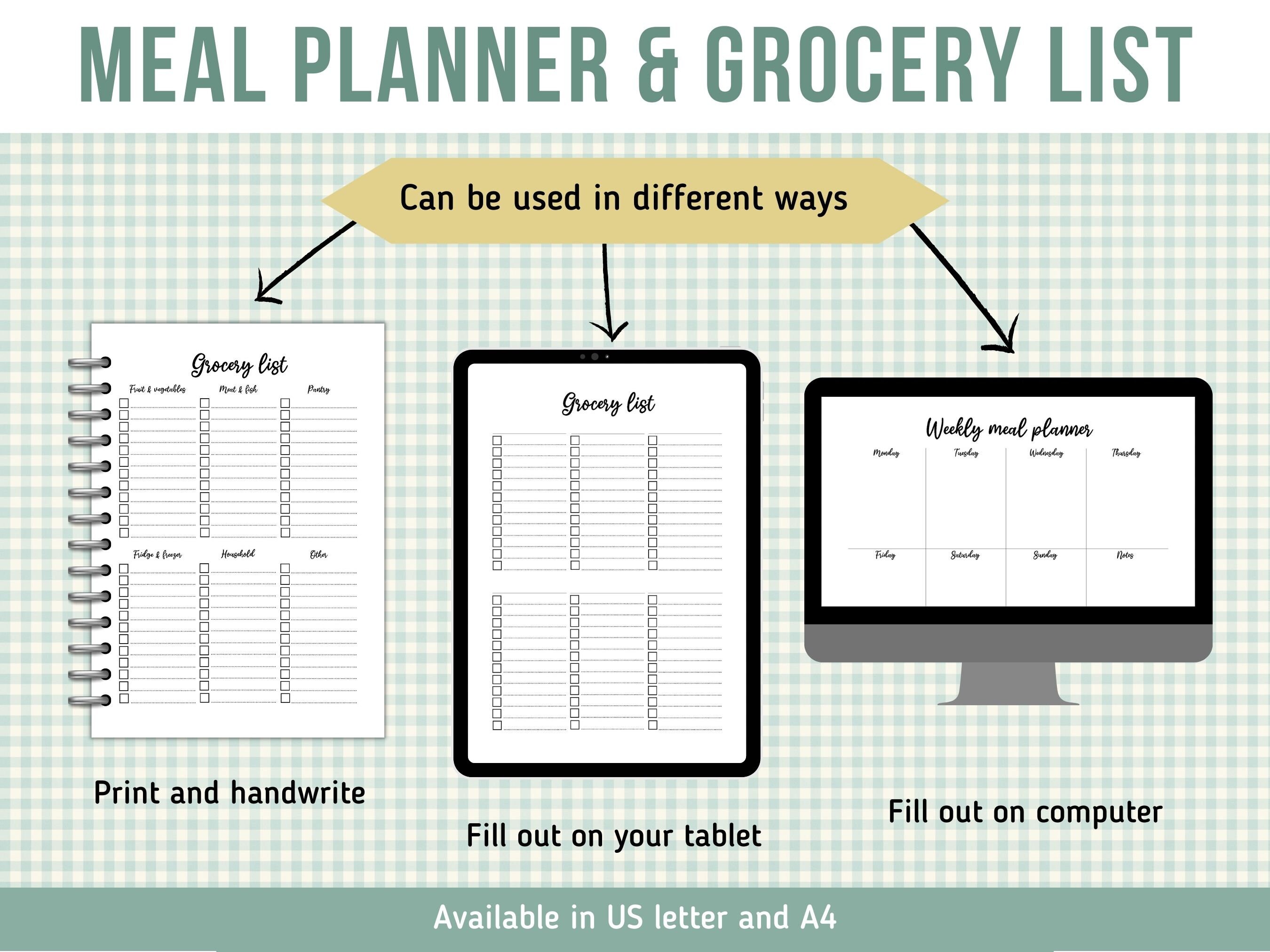 Grocery List and Weekly Meal Planner, Food Shopping List, Printable and ...