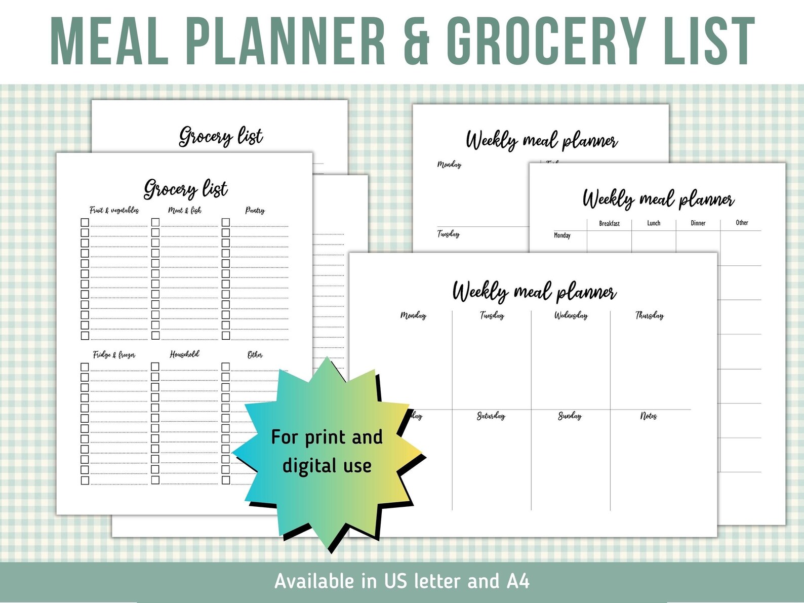 Grocery List and Weekly Meal Planner, Food Shopping List, Printable and ...