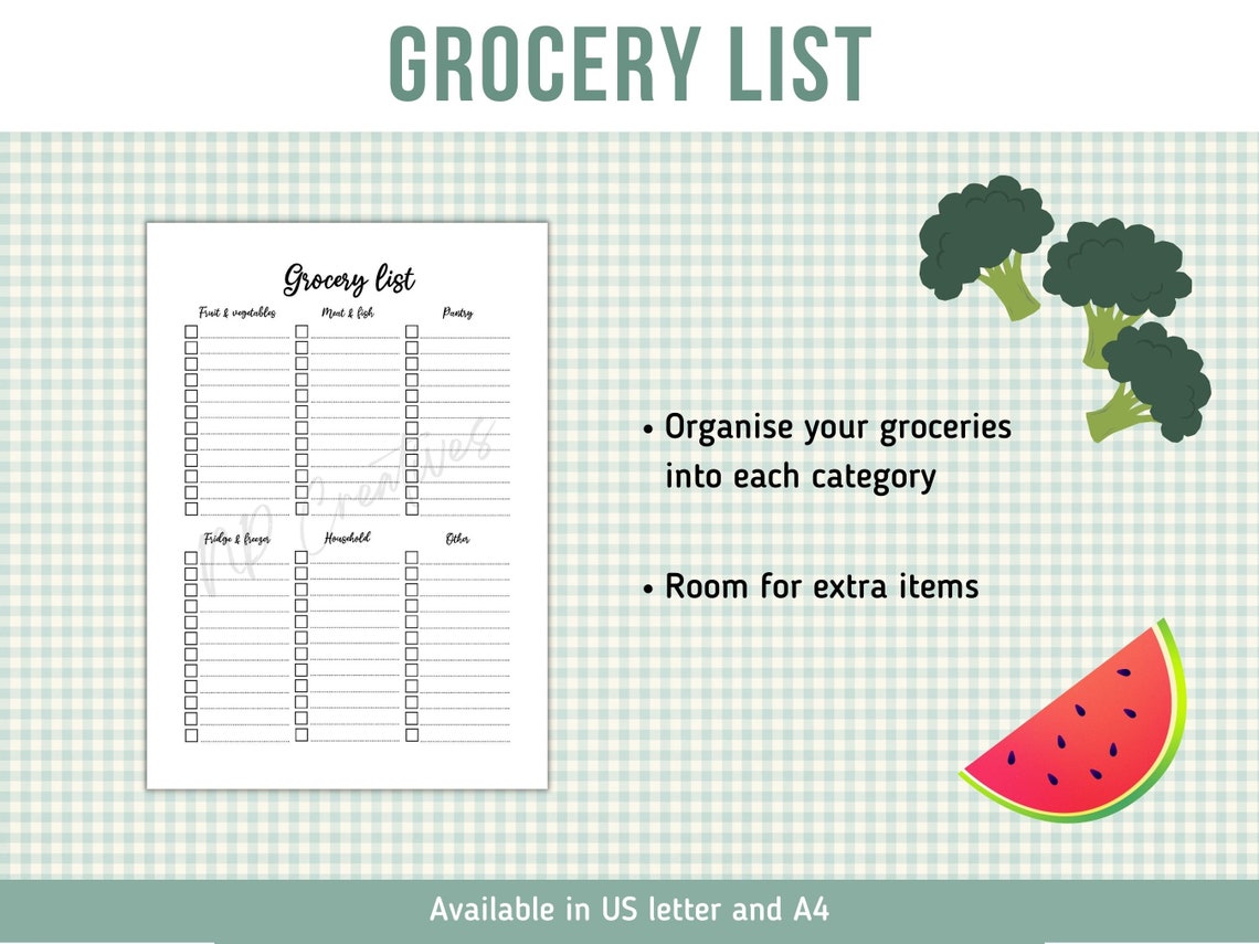 Grocery List and Weekly Meal Planner, Food Shopping List, Printable and ...