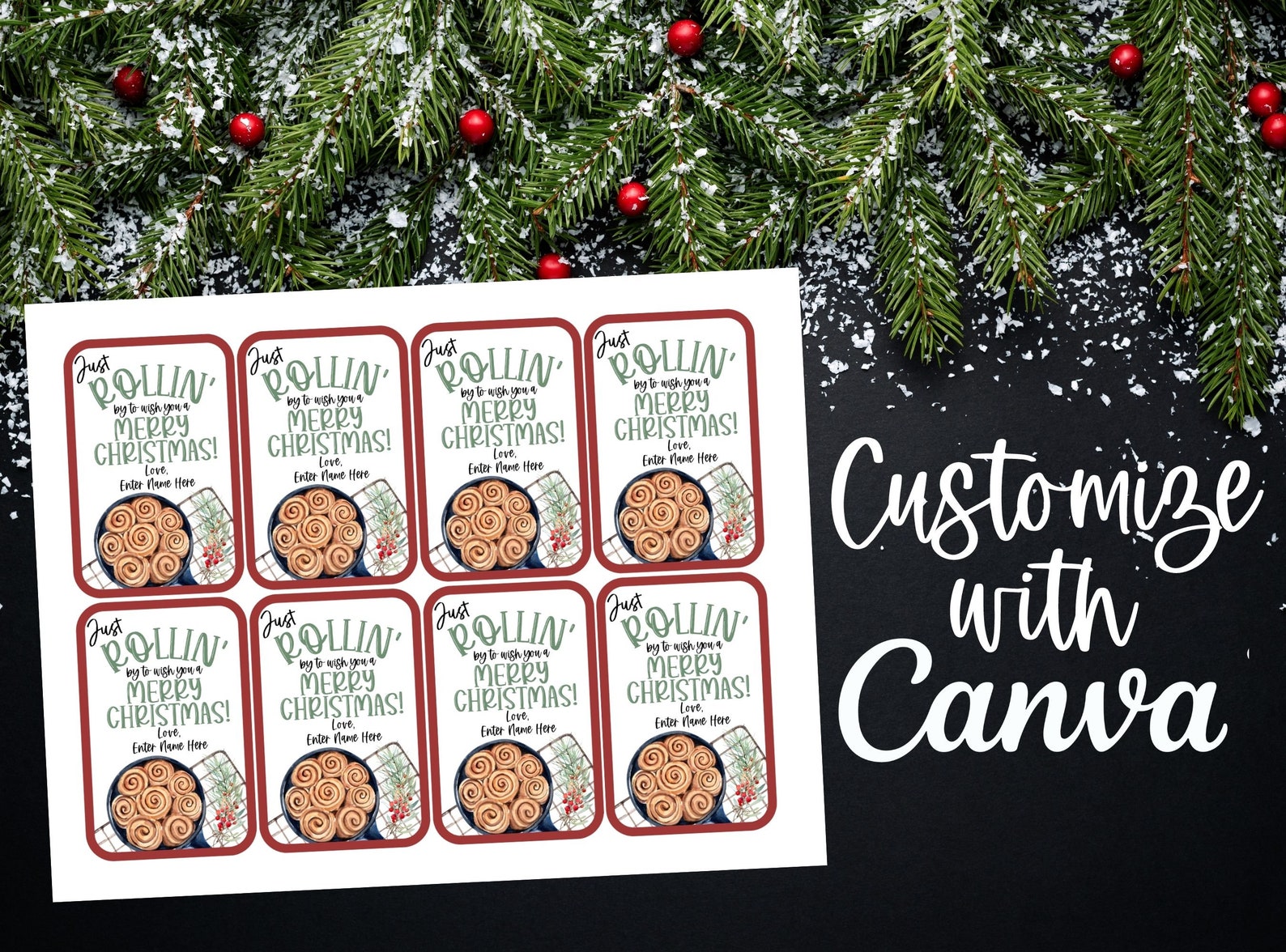 Cinnamon Roll Gift Tag, Just Rollin' By, Christmas Neighbor Gift Idea ...
