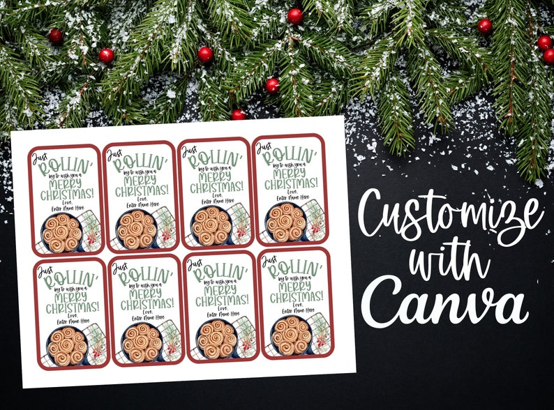 Cinnamon Roll Gift Tag, Just Rollin' By, Christmas Neighbor Gift Idea ...