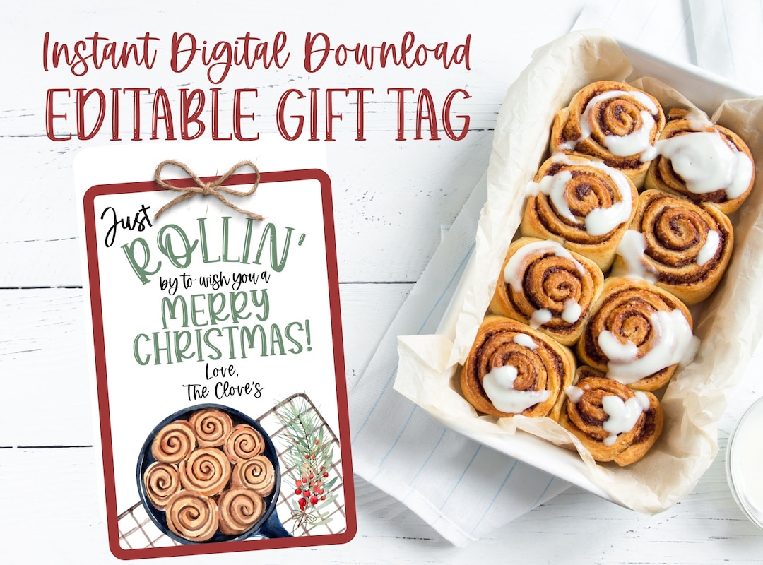 Cinnamon Roll Gift Tag, Just Rollin' By, Christmas Neighbor Gift Idea ...