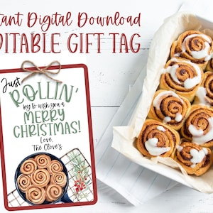 Cinnamon Roll Gift Tag, Just Rollin' By, Christmas Neighbor Gift Idea ...