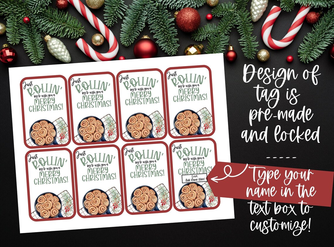 Cinnamon Roll Gift Tag, Just Rollin' By, Christmas Neighbor Gift Idea ...
