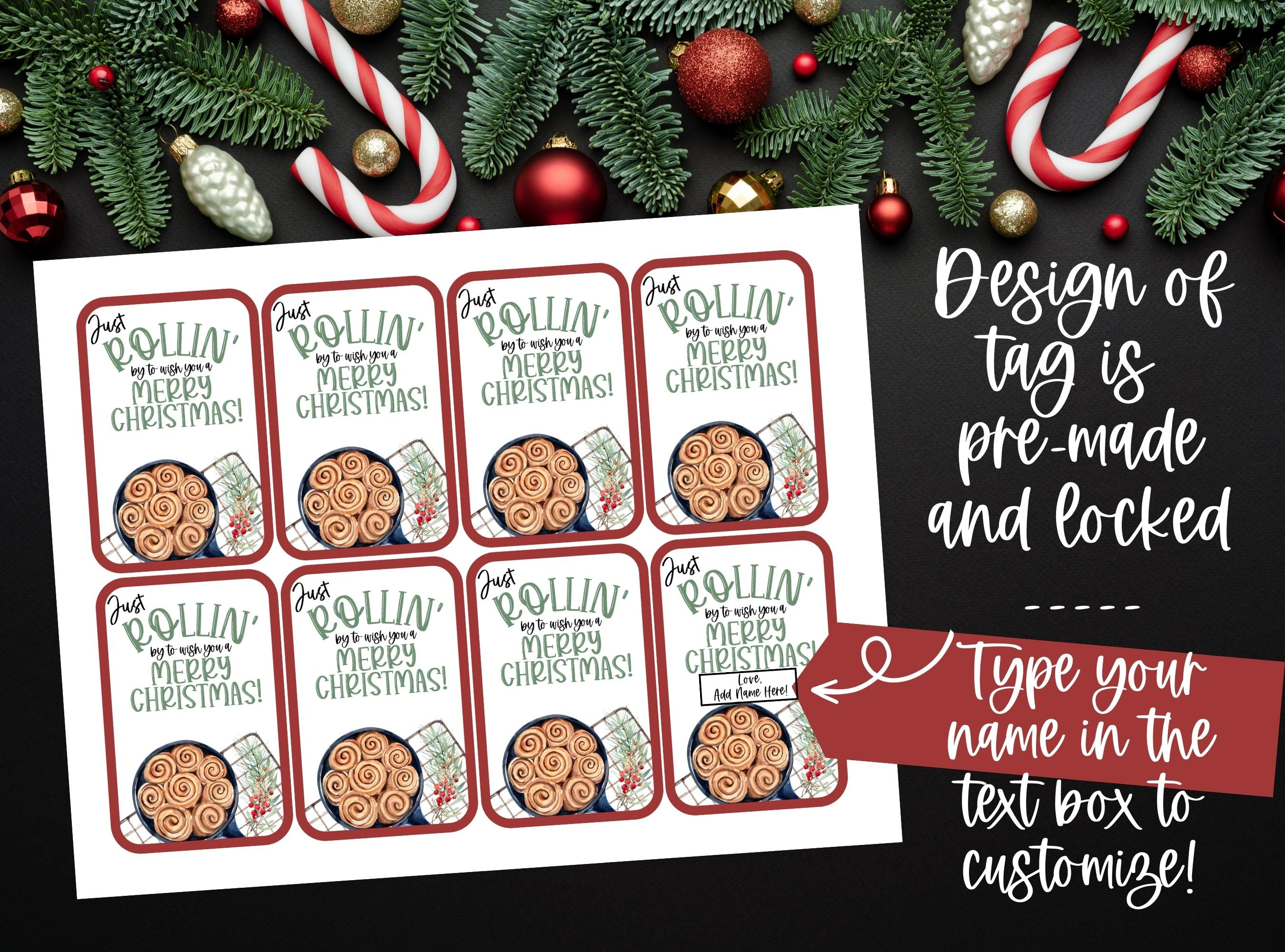 Cinnamon Roll Gift Tag, Just Rollin' By, Christmas Neighbor Gift Idea ...