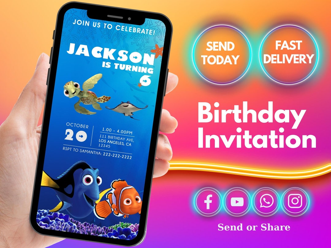 Finding Nemo Birthday Digital Invite, Finding Dory Birthday Party ...