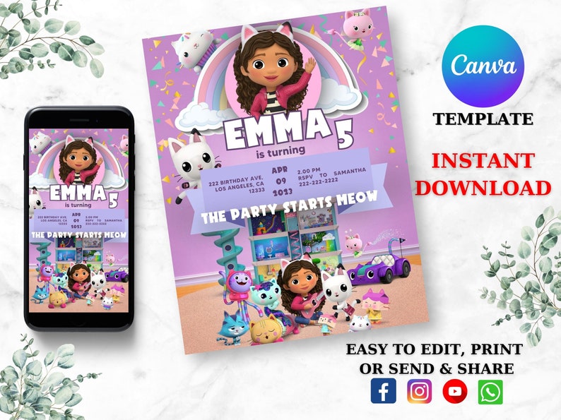 Gabby's Dollhouse Birthday Invitation CANVA Editable Adjustable Thank ...